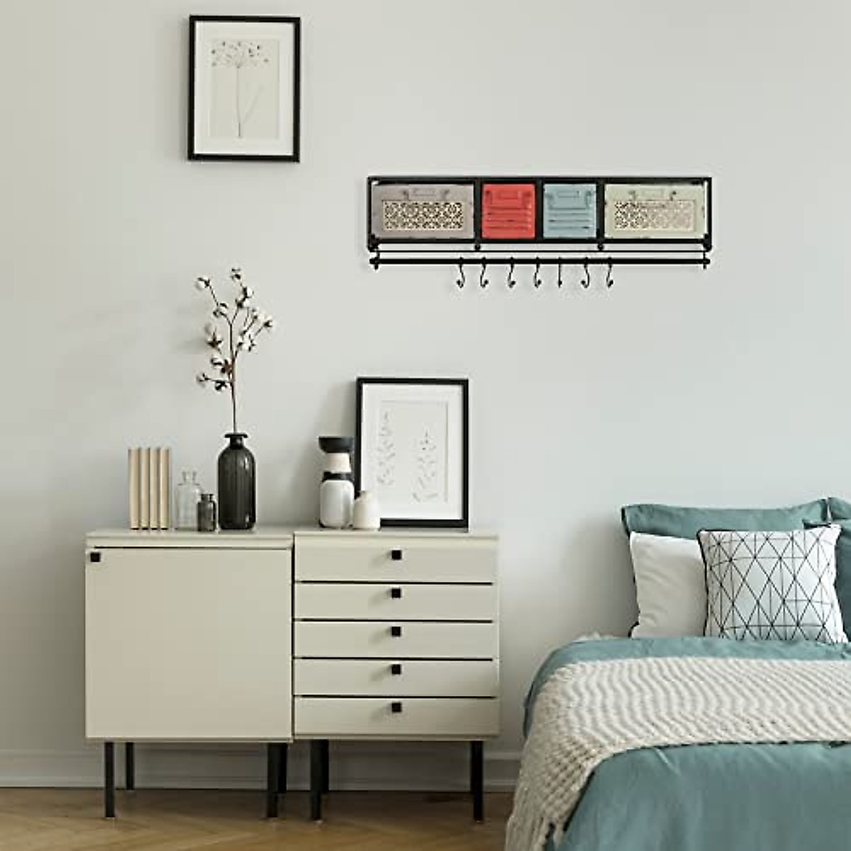 AcozyHom Metal Wall Mounted Coat Rack with Hooks and 4 Drawers, 30.3"(L) x6.7(W) x11.8(H), Home Entryway Wall Hanging Shelf, Iron Storage and Display Organizer for Coats, Hats, Keys, Cups, Colorful