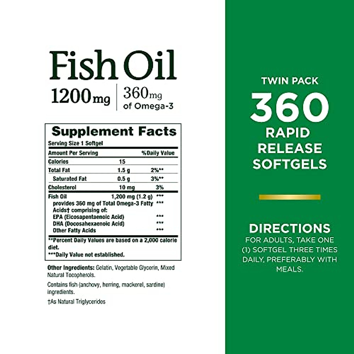 Nature’s Bounty Fish Oil 1200 mg, Twin Pack, Supports Heart Health With Omega 3 EPA & DHA, 360 Rapid Release Softgels