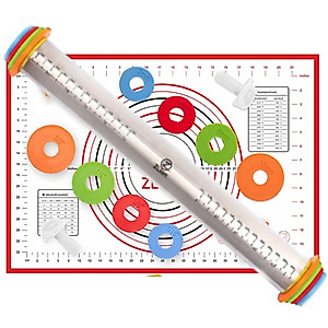 Zlion Rolling Pin with Thickness Rings – Stainless Steel and Corrosion-Resistant Adjustable rolling pin w/Silicone Pastry Mat for Baking Pizza, Dough, Pastry, Fondant, Pasta