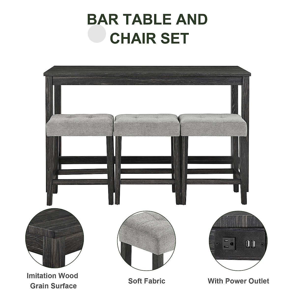 YWUFUART 60'' Industrial Black Solid Wood Bar Table Set with Power Outlet and 3 Grey Chairs for Living Room Dining Room Game Room