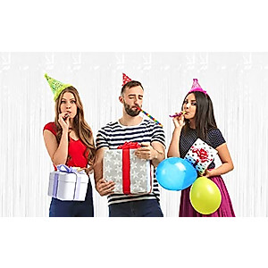 Muhome White Foil Fringe Curtain, 4PCS 3.28FT x 8.2FT Tinsel Door Curtains & 1 Masking Tape Fringe Backdrop for Wedding Birthday Bridal Shower Bachelorette Easter Party Decorations