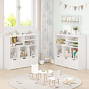 Toy Storage Cabinet with 3 Movable Drawers & 6 Cubes, Children's Toy Shelf Kids Bookshelf with Hidden Wheels, Kids Bookcase Toy Storage Organizer for Bedroom & Playroom & Nursery