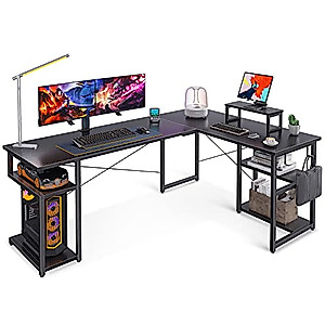ODK 66" L Shaped Desk Computer Desk with Storage Shelves & PC Stand, Gaming Desk with Monitor Stand, Home Office Writing Desk, Modern Larger Wooden Desk, Black