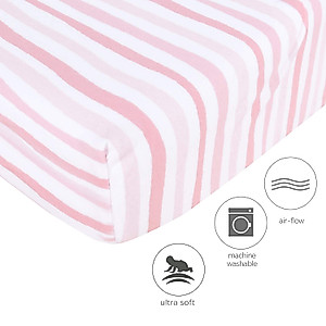 Biloban Crib Sheets Fitted, 2 Pack Crib Sheet Fits for Standard Crib and Toddler Mattress, 100% Jersey Knit Cotton Crib Sheet for Baby Boys & Girl, Pink Heart Stripes