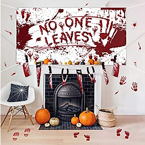 Halloween Decorations Set - Bloody Backdrop & Garland Banner & Footprints Handprints Floor Clings Decals - Zombie Vampire Party Supplies Garage Yard Outdoor Indoor Decor