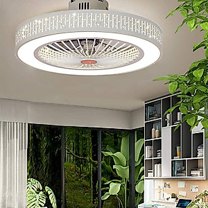 CNCEST 21.6" Modern Invisible Ceiling Fan Light LED Chandelier Lamp,Round Flush Mount Ceiling Fan Dimmable Light Adjustable Speed and Color Temperature with Remote Control 110V