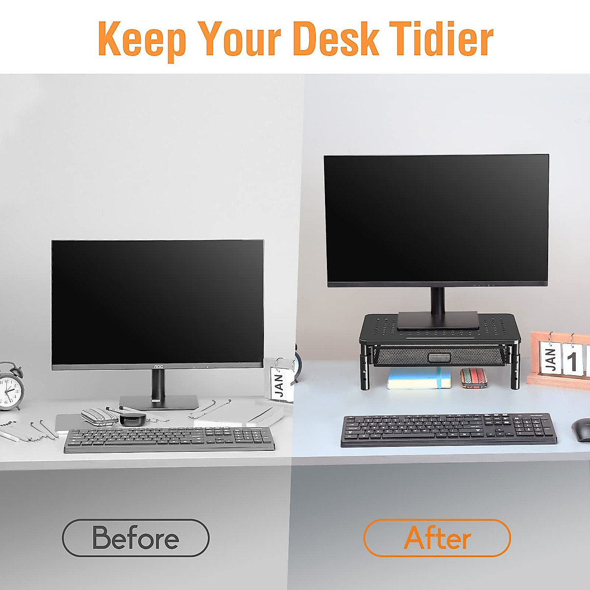 ELIVED Monitor Stand Riser, Metal Desk Laptop Stand with Organizer Drawer, Desktop Organizer for Computer, Laptop, Printer, Black