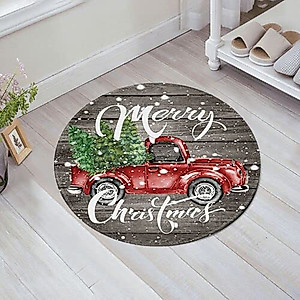 YETTA YANG Farm Rustic Vintage Retro Old Christmas Red Truck Fun Indoor and Outdoor Door Round Mat Welcome Mat Non-Slip Home Decoration Mat Housewarming Gift 23.6in 60cm