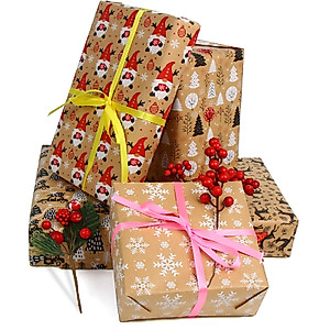 KIMOBER 5 Rolls Christmas Wrapping Paper,Brown Kraft Paper with Xmas Elements and Cut Lines on Reverse(17in × 118in Per Roll)