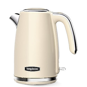 LONGDEEM Electric Kettle Stainless Steel 1.7L - 1500W Quick Boil, Retro Style, Auto Shut-Off, Boil Dry Protection with Filter & Water Gauge - Perfect for Tea, Hot Water, Cream
