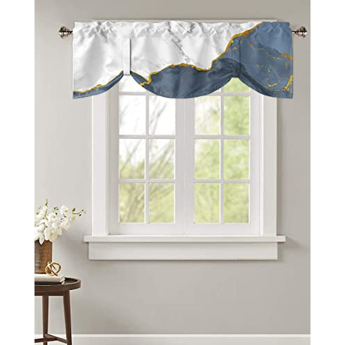 Marble Blue Haze Tie Up Valance Curtain for Kitchen Living Room Bedroom Bathroom Cafe, Rod Pocket Small Short Window Drape Panel Adjustable Drapary Print, Modern Abstract Gold White Gray 54"x18"
