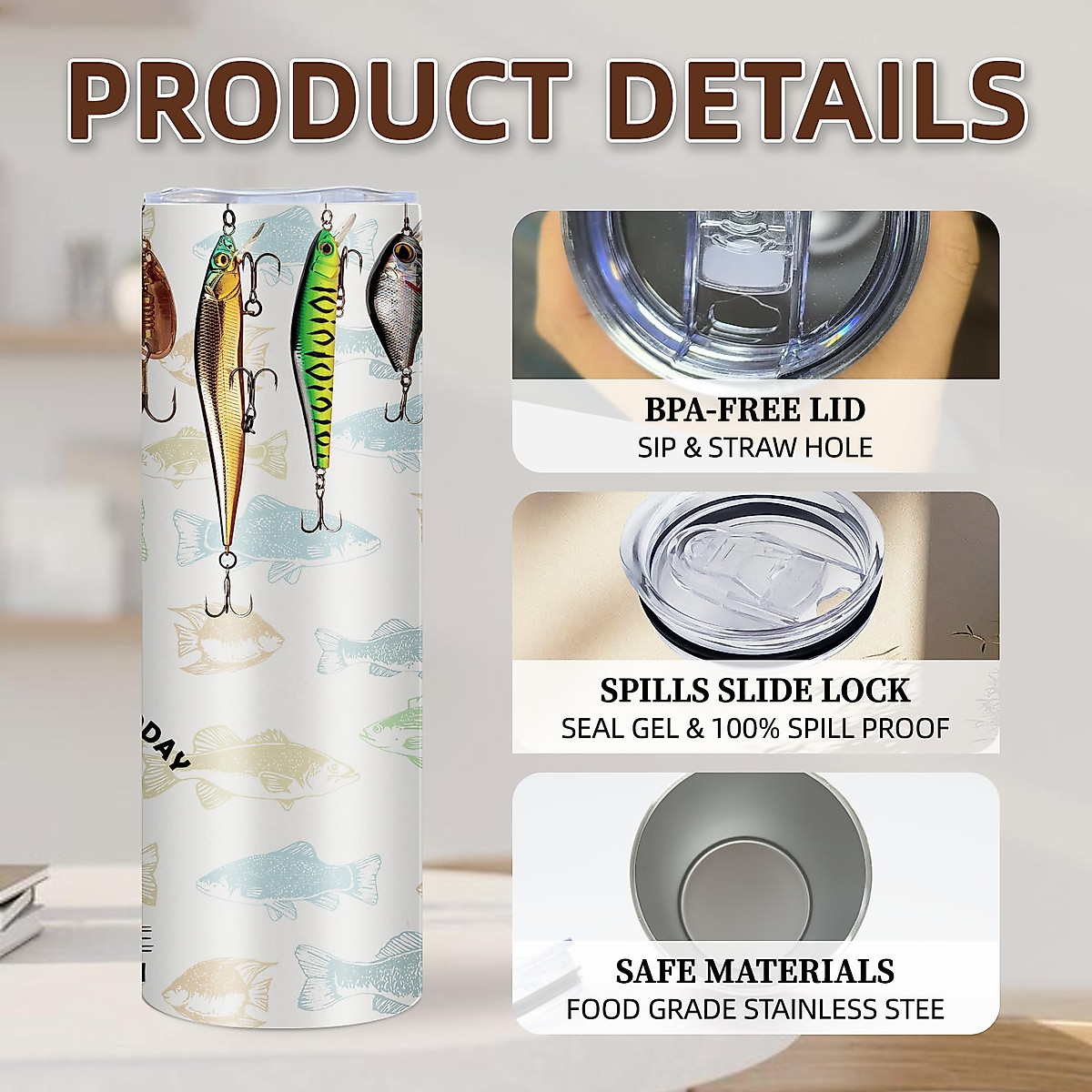 MoYueno Fishing Gifts, Slim Fish Tumbler with Lid & Straw & Brush, Fisherman Cup, Grandpa Fishing Gifts, Fathers Day Gift For Dad, 20 Oz