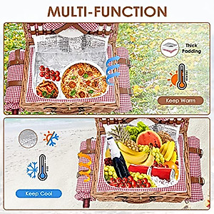 Picnic Basket for 4, Insulated Willow Picnic Baskets with Shoulder Strap, Picnic Hamper with Waterproof Picnic Blanket, Handmade Wicker Hamper for Outdoor, Great Gifts for Thanksgiving, Christmas