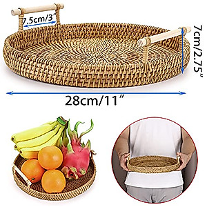 Hipiwe Round Rattan Serving Tray with Handles Wicker Tray Coffee Table Decorative Tray Hand Woven Serving Basket Ottoman Trays for Fruit Bread Parties Breakfast