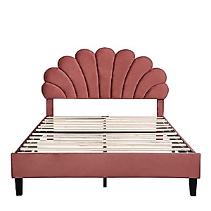 Harper & Bright Designs Full Size Upholstered Platform Bed with Flower Pattern Velvet Headboard, Bean Paste Red