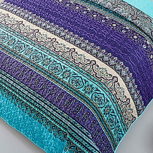 WONGS BEDDING Boho Quilt King Size, Blue Purple Bohemian King Quilt, Lightweight Microfiber Bed Decor Bedspread for All Season 103"x90"(3 Pieces)