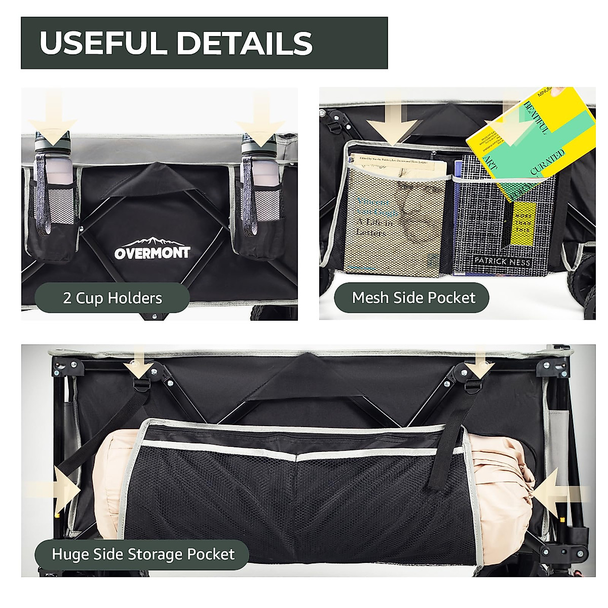 Overmont Collapsible Wagon Cart with Wheels - All-Terrain 3.2in Wide Wheels - Foldable 150L Large Capacity with Side Pockets for Camping Sports Garden Grocery Shopping - 330lbs Load