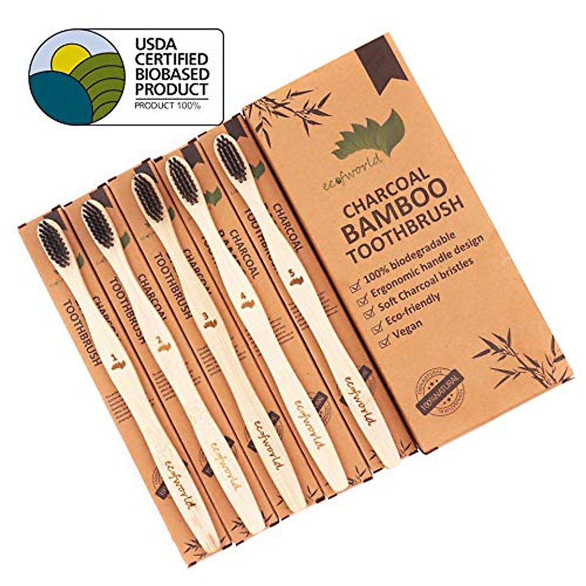 ECOFWORLD Soft Charcoal Bamboo Toothbrush - Natural Wooden Organic | USDA Certified Eco-Friendly | Extra Soft BPA Free Bristles Biodegradable | Individually Packed (Adults - 5 Pack)