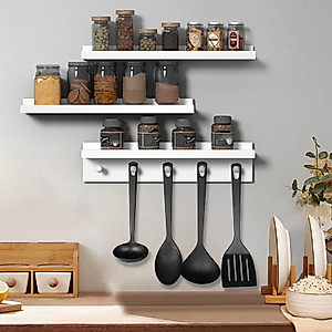 MBYD Picture Shelf Ledge, 24 Inch Floating Shelves for Wall, Nursery Book Shelves with Hooks Set of 3, Floating Shelf Wall Mounted for Bathroom,Kids Room, Living Room, Kitchen White