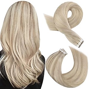 Moresoo Tape in Human Hair Extensions Blonde Highlighted Tape in Extensions Real Hair Invisible Hair Extensions Ash Blonde Mix with Bleach Blonde Hair Extensions Tape in 16 Inch #P18/613 20pcs 50g