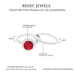Lab Created Ruby Bridal Wedding Ring Set with D-VS1 Moissanite | 8 MM | AAAA Quality, 14K White Gold, Size:US 5.50
