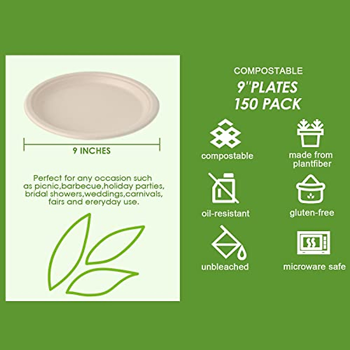 Vplus 150 Pack Paper Plates 9 inch 100% Compostable Plates Heavy-Duty Disposable Paper Plates Bagasse Natural Biodegradable Eco-Friendly Sugarcane Plates