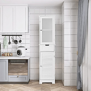 Kazila Bathroom Storage Floor Cabinet, Freestanding Wooden Storage Organizer with Glass Shutter Doors, 16 inchl x 12 inchw x 67 inchh, Ivory White