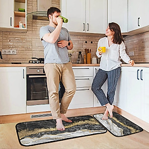 Kitchen Mats Rugs 2 Piece Set Bath Mat Antifatigue Cushioned Gold Black Marble for Floor Washable Non Slip
