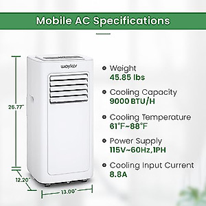 Waykar 9,000 BTU Portable Air Conditioner up to 450 Sq. Ft with Dehumidifier and Fan Mode, 3-in-1 Room AC with Drain Hose, 24Hrs Timer, Installation Kit for Home Office