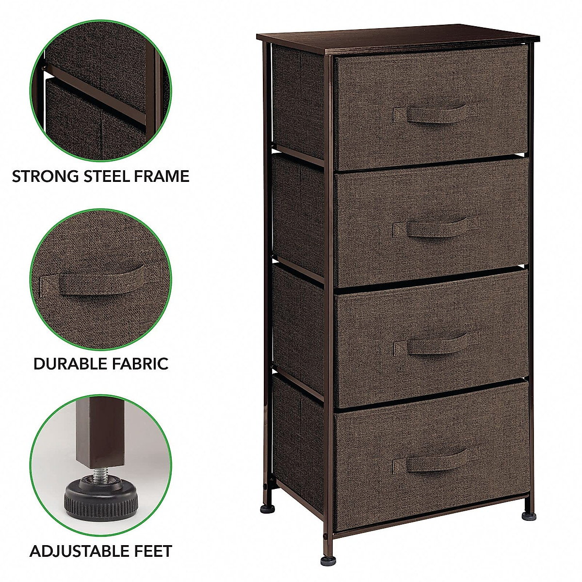 mDesign Tall Dresser Storage Tower Stand with 4 Removable Fabric Drawers - Steel Frame, Wood Top Organizer for Bedroom, Entryway, Closet - Lido Collection - Espresso Brown