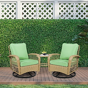 FUNKOCO 3 Pieces Outdoor Swivel Glider Rocker, Rattan Woven Patio Furniture Set, Wicker Patio Bistro Set with Washable Cushions and Glass Table for Garden, Porch, Backyard