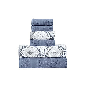 Modern Threads Capri 6-Piece Reversible Yarn Dyed Jacquard Towel Set - Bath Towels, Hand Towels, & Washcloths - Super Absorbent & Quick Dry - 100% Combed Cotton, Denim