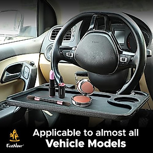 EcoNour 2 in 1 Car Steering Wheel Desk | Steering Wheel Tray for Laptop Car Mount with Pen Holder | Car Food Tray for Eating with Drinks Holder | Multipurpose Travel Car Accessories