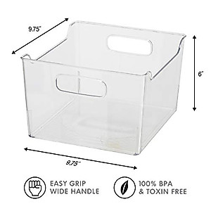 OGGI Storage Bin With Handles - Deep (9.75" x 9" x 6") - Ideal for Kitchen Organization, Pantry Storage, Fridge Organizing, Clear
