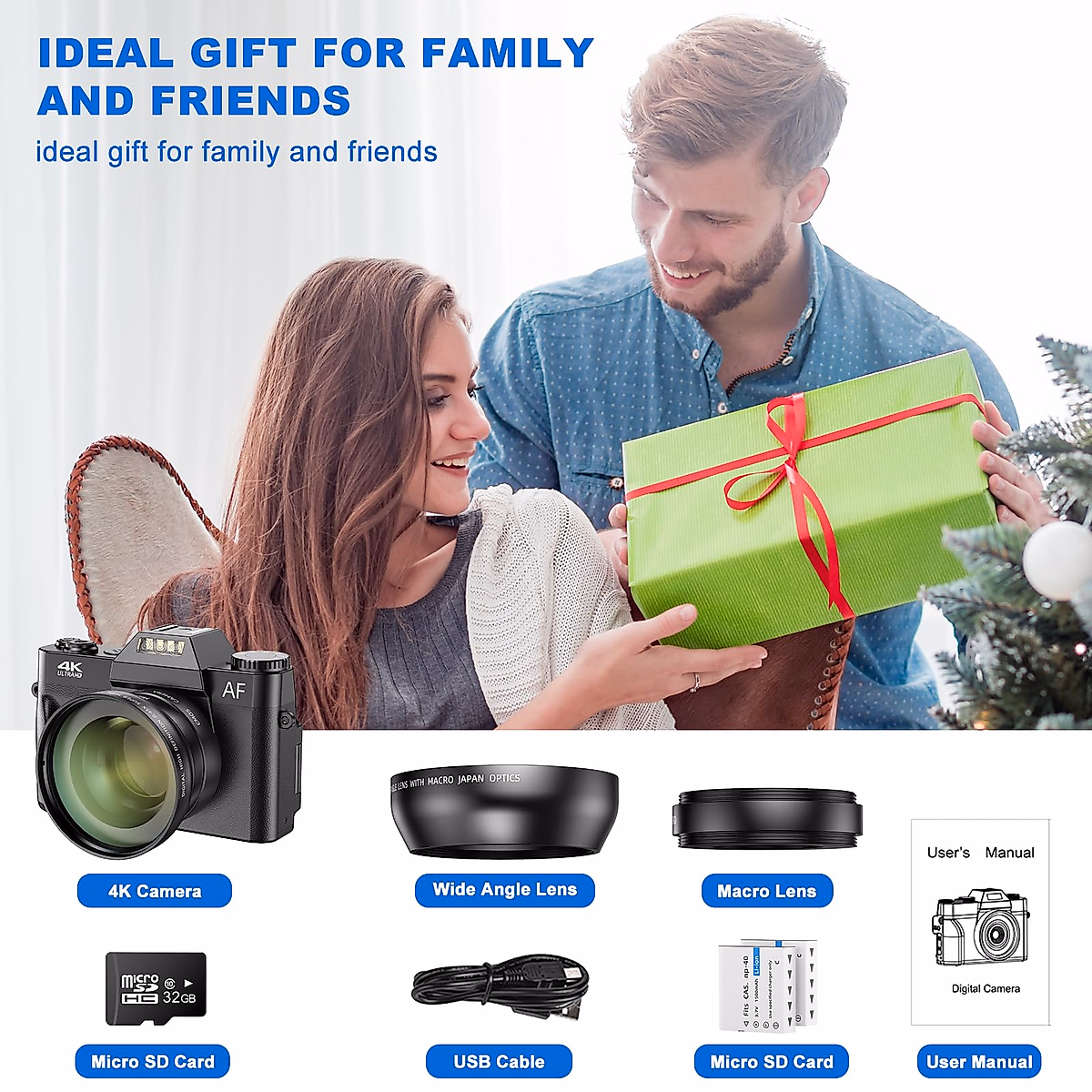 Digital Camera 4K 56MP Vlogging Camera with 3'' 180-degree Flip Screen, 16X Digital Zoom Camera for Photography with Auto Focus & 32GB Card & 2 Batteries for Teens Students Kids Boys Girls