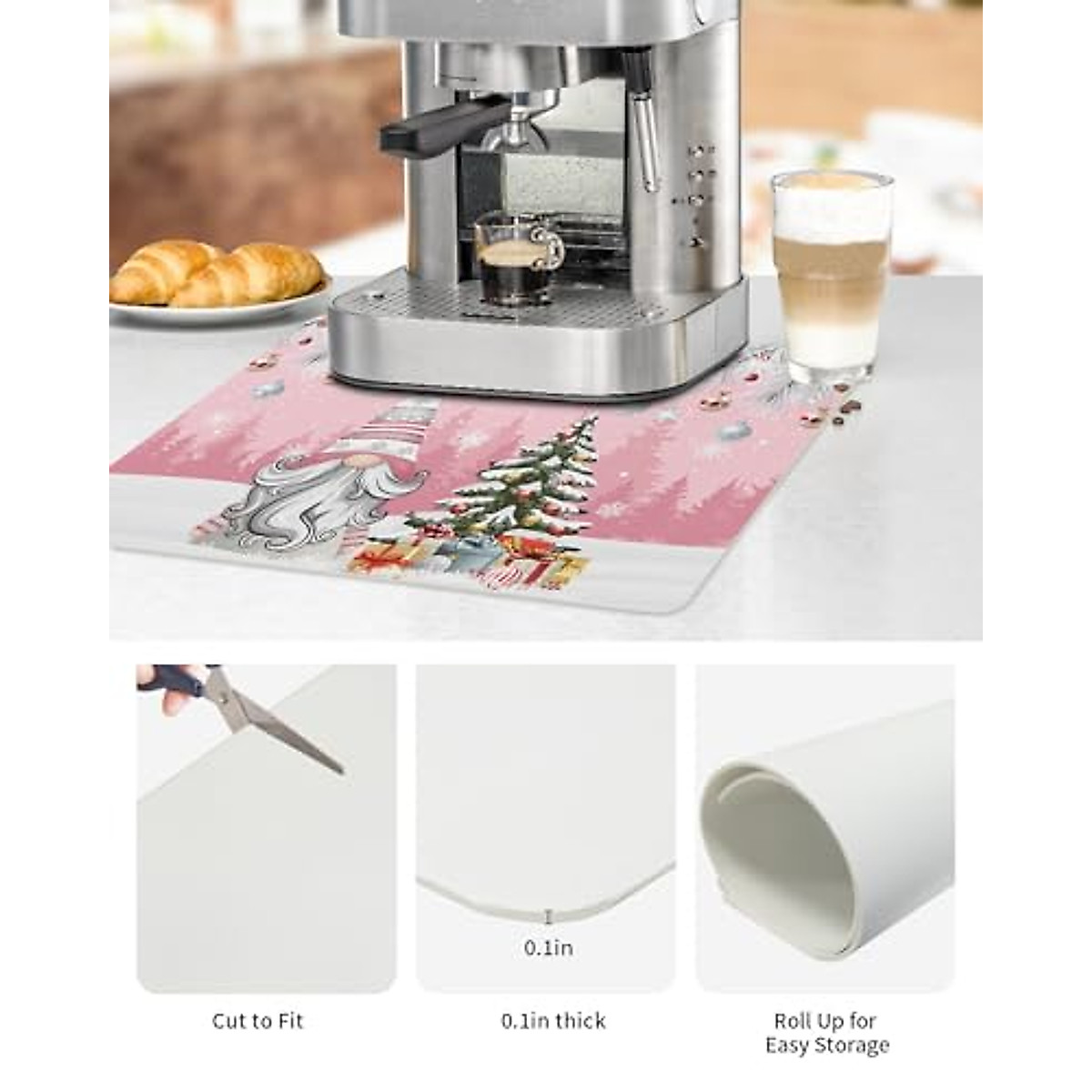 Coffee Mat for Counter, Christmas Gnome with Green Xmas Tree Pink Absorbent Hide Stain Coffee Bar Mat, Non-slip Coffee Bar Accessories Kitchen Drying Mat Fit Under Coffee Maker Espresso Machine