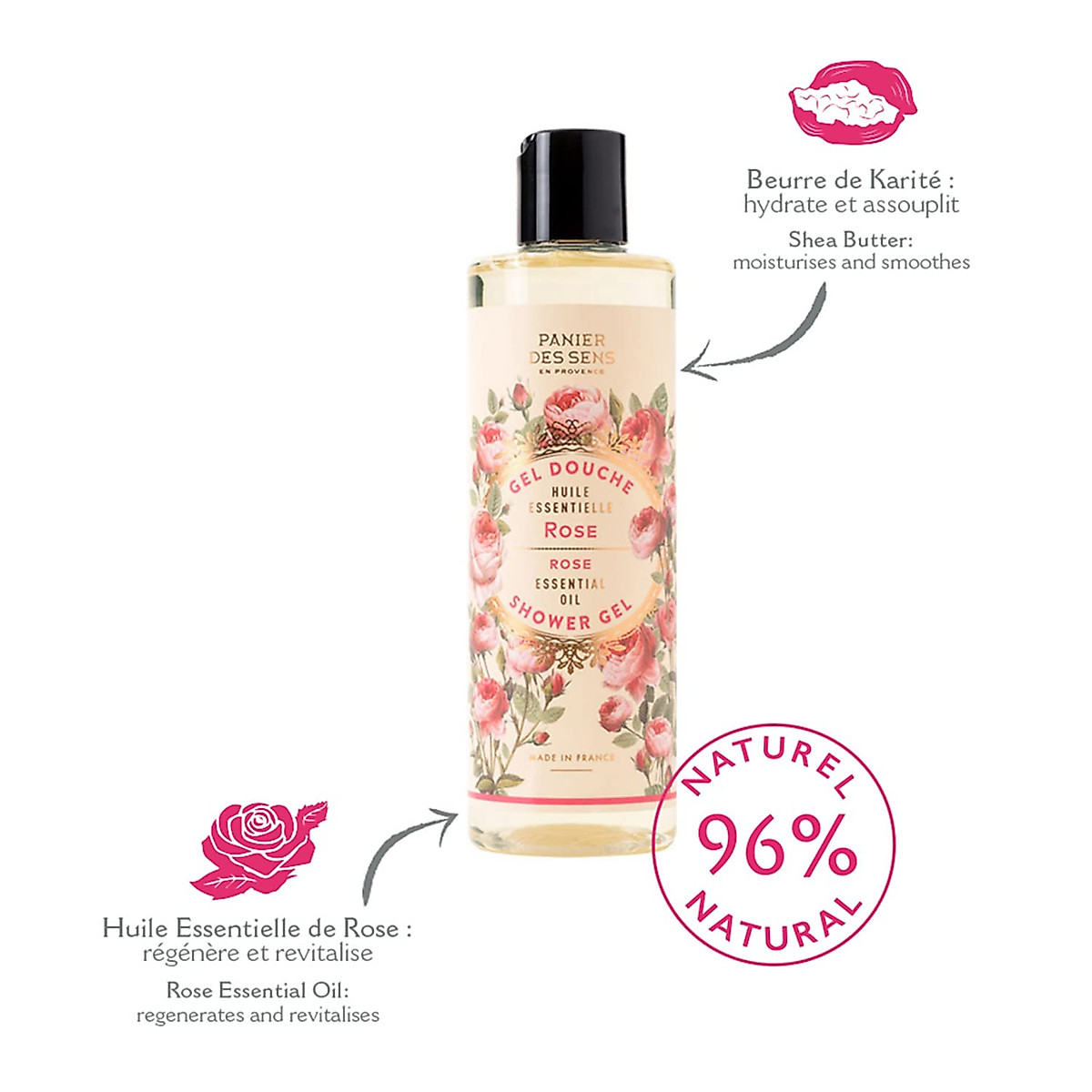 Panier des Sens – Rose Shower Gel - Foaming Body Wash Women & Men - Moisturizing Body Soap with Shea Oil - 96% Natural Ingredients Body Care - Vegan Liquid Body Wash - 8,45 floz