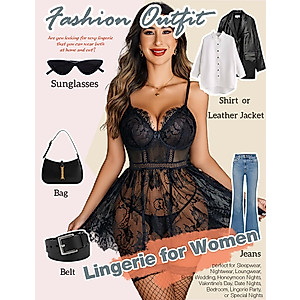 Avidlove Babydoll Lingerie For Women Eyelash Lace Lenceria Para Mujer (Black, Medium)