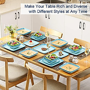 LOVECASA Square Dinnerware Sets for 4, 16 PCS Gradient Dishes Set,Stoneware Dinner Plates/Dessert Plates/Soup Plates/Cereal Bowls,Gradient Sky Blue