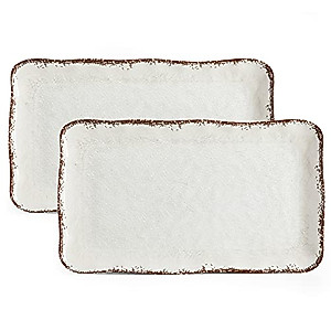 LEHAHA Farmhouse Large Serving Platters, 2 Piece Melamine Dinnerware Set, 17.5 x 10 Inches Vintage Serving Tray, Rectangle White Rustic Trays Set of 2