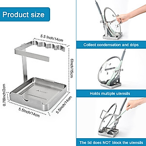 SOLEADER Vertical Spoon Rest and Lid Stand for Stove Top kitchen Utensils Pot Lid Holder and Organizer for Kitchen Counter Foodgrade Stainless Steel with Drip Tray and Handle