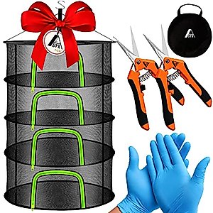 ALSIX 4 Layers Herb Drying Rack - Collapsible Mesh Drying Rack - Herb Drying Rack Hanging with U-Shape Zippers Pothook and Storage Pouch, Include 2 Pc 6.5" Garden Scissor and Operating non-Slip Gloves