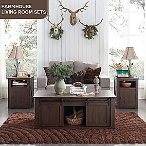 SinCiDo 48” Lift Top Coffee Table with Storage & Sliding Groove Barn Door, Farmhouse Coffee Table Rustic Wood Cocktail Table w/Double Storage Spaces for Living Room, Brown