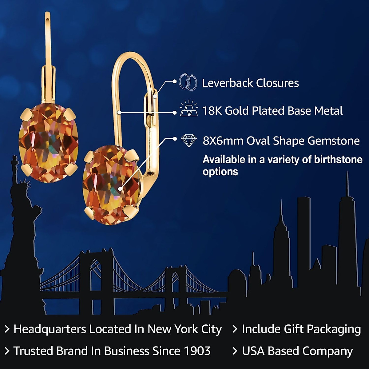 Gem Stone King 18K Gold Plated Silver Gemstone Birthstone Leverback Dangle Earrings | Oval 8X6MM | Gold Earrings for Women