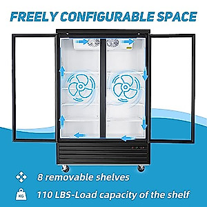 BLUELINETECH 56.4" W Display Refrigerator Double Glass Door, 35.7 Cu.ft Commercial Beverage Merchandiser Cooler Fan Cooling Reach-in Fridge with LED Lightning for Restaurant Bar Shop