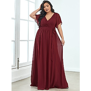 Ever-Pretty Plus Women's V-Neck A-Line Ruched Bust Ruffle Sleeves Plus Size Maxi Formal Evening Gown Burgundy US20