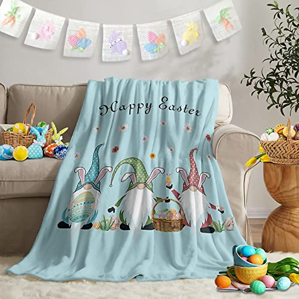 Throw Blankets Happy Easter Gnomes Basket Eggs Fuzzy Soft Bed Cover Bedspread Microfiber Luxury Blanket for Travel Stadium Camping Couch Sofa Chair Blue