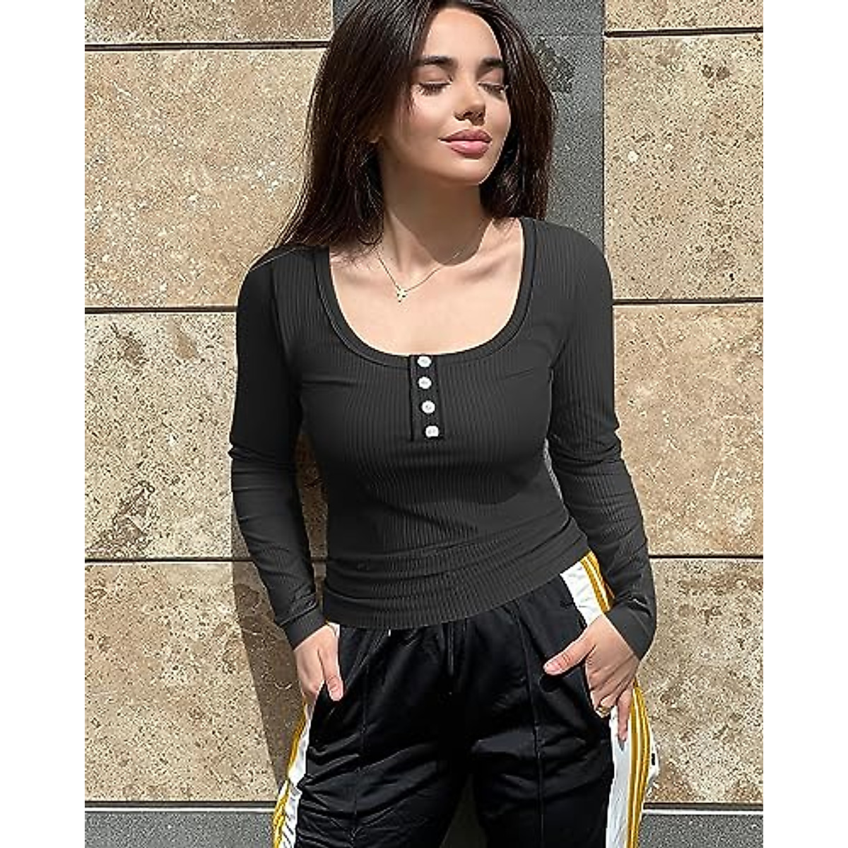 OQQ Women's 2 Piece Long Sleeve Seamless Ribbed Button Stretch Shirt, Black,beige, Medium