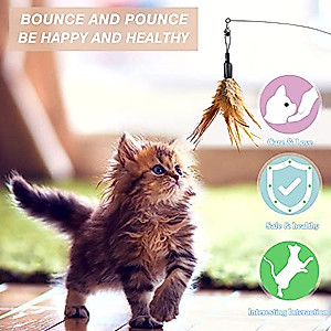 Pawaboo Feather Teaser Cat Toy, Interactive Feather Wand Cat Toy Flying Feather Cat Catcher with Extra Long 34.5" Wand and Small Bell, Fun Exerciser Playing Toy for Kitten or cat, Brown Feather