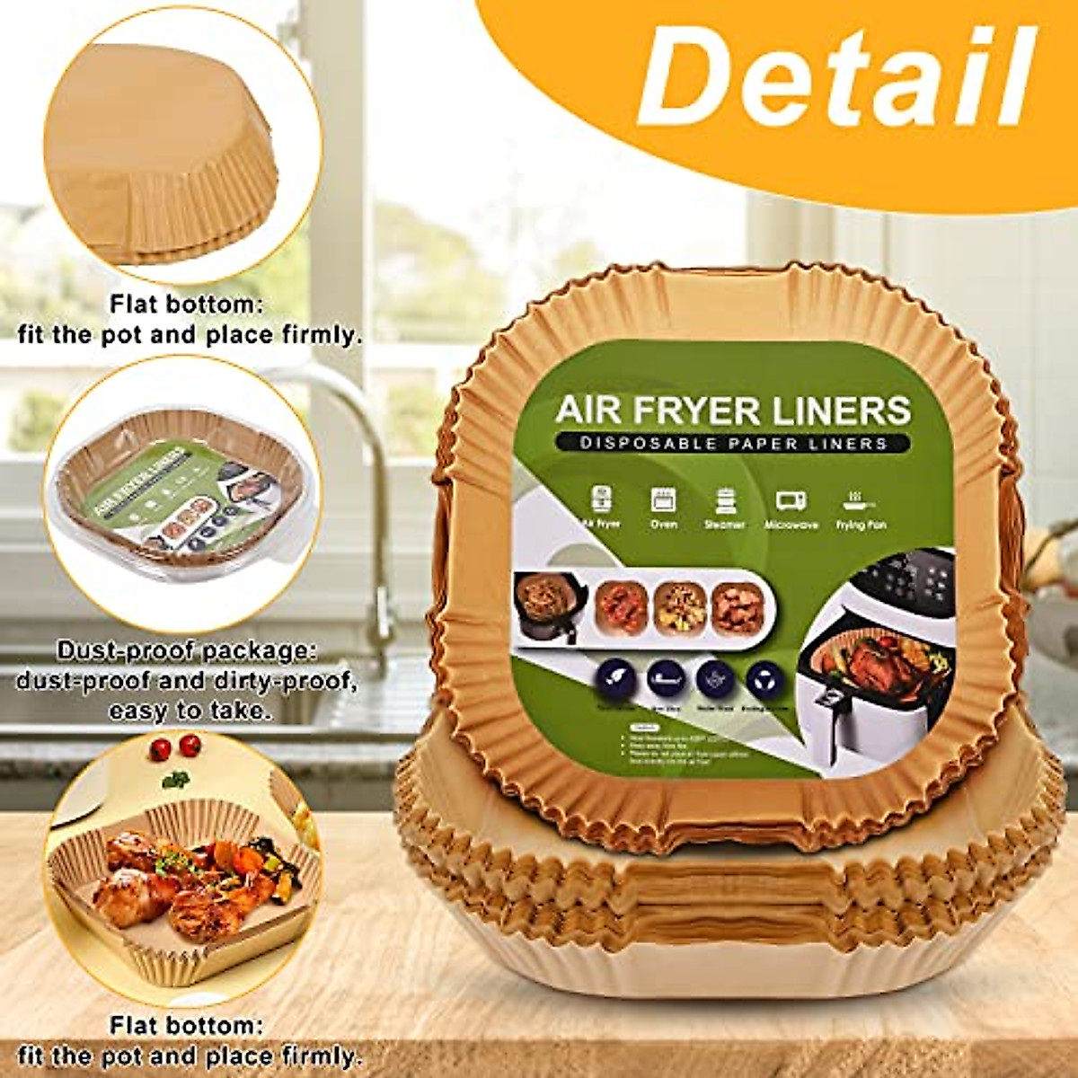 Air Fryer Liners Disposable 7.9 Inch Square 100pcs Easy Cleanup Non-stick Oil-proof for Frying, Baking,Cooking, Roasting